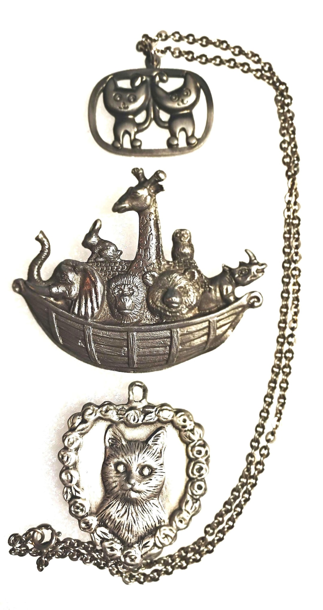 Vintage Pewter Jewelry Set: Cat Duet Necklace, Noah's Ark Brooch - Etsy