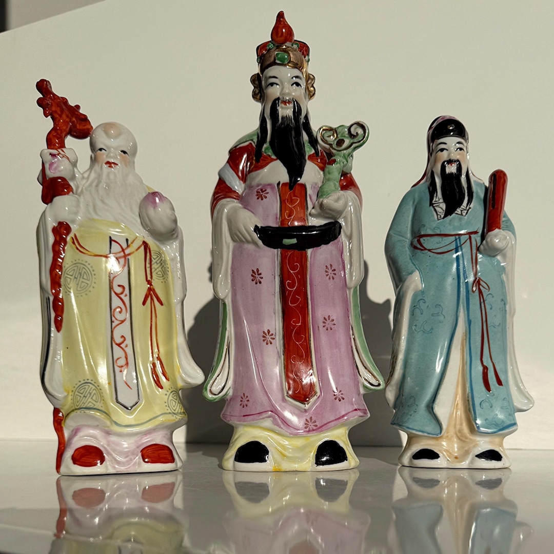Fu Lu Shou Porcelain Statue Set for Home or Collector, Chinese Folk Art ...