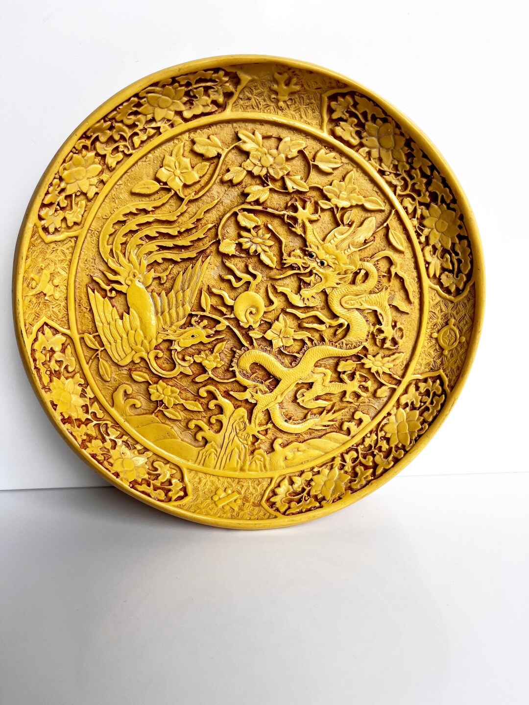 Qing Style Chinese Carved Cinnabar Plate With Dragon and Phoenix ...