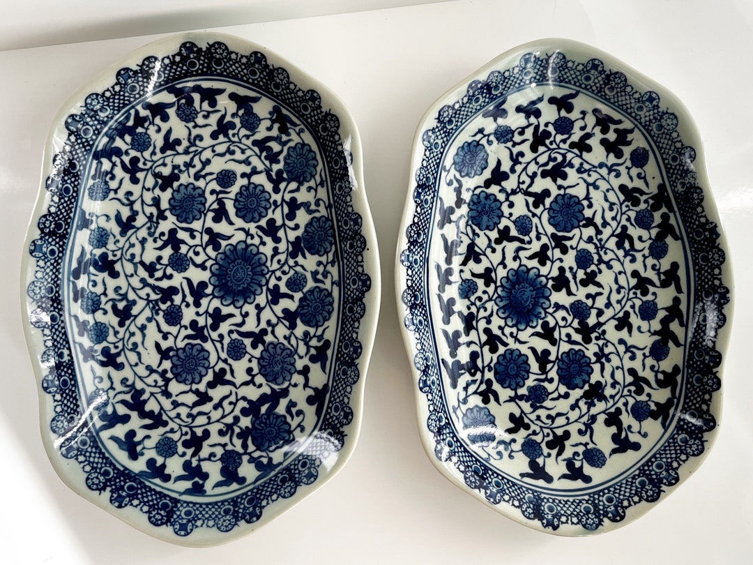 Chinese Ceramic Dish Set, Blue and White Rare Pattern, Hand Painted ...
