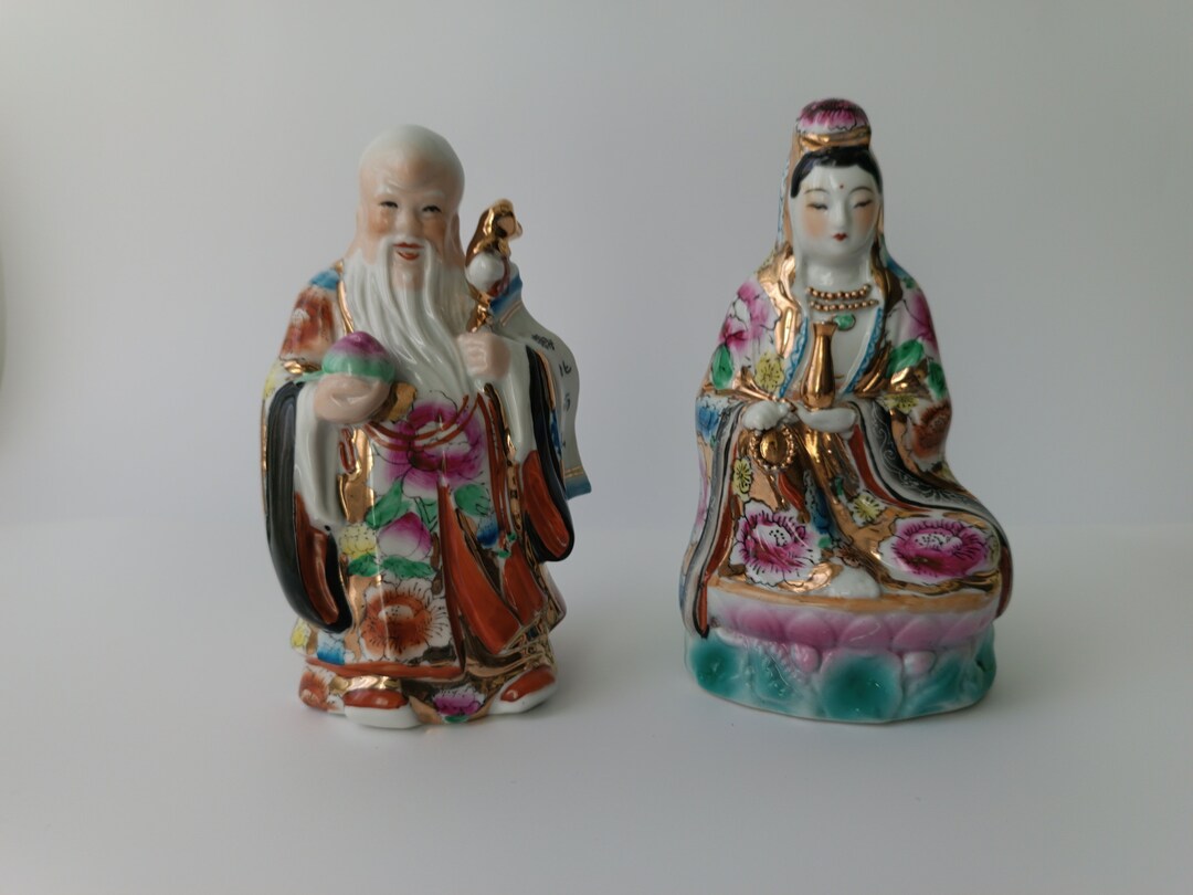 Figurine Buddhist Couple Chinese Gods Guan Yin and Show Xing Vintage ...
