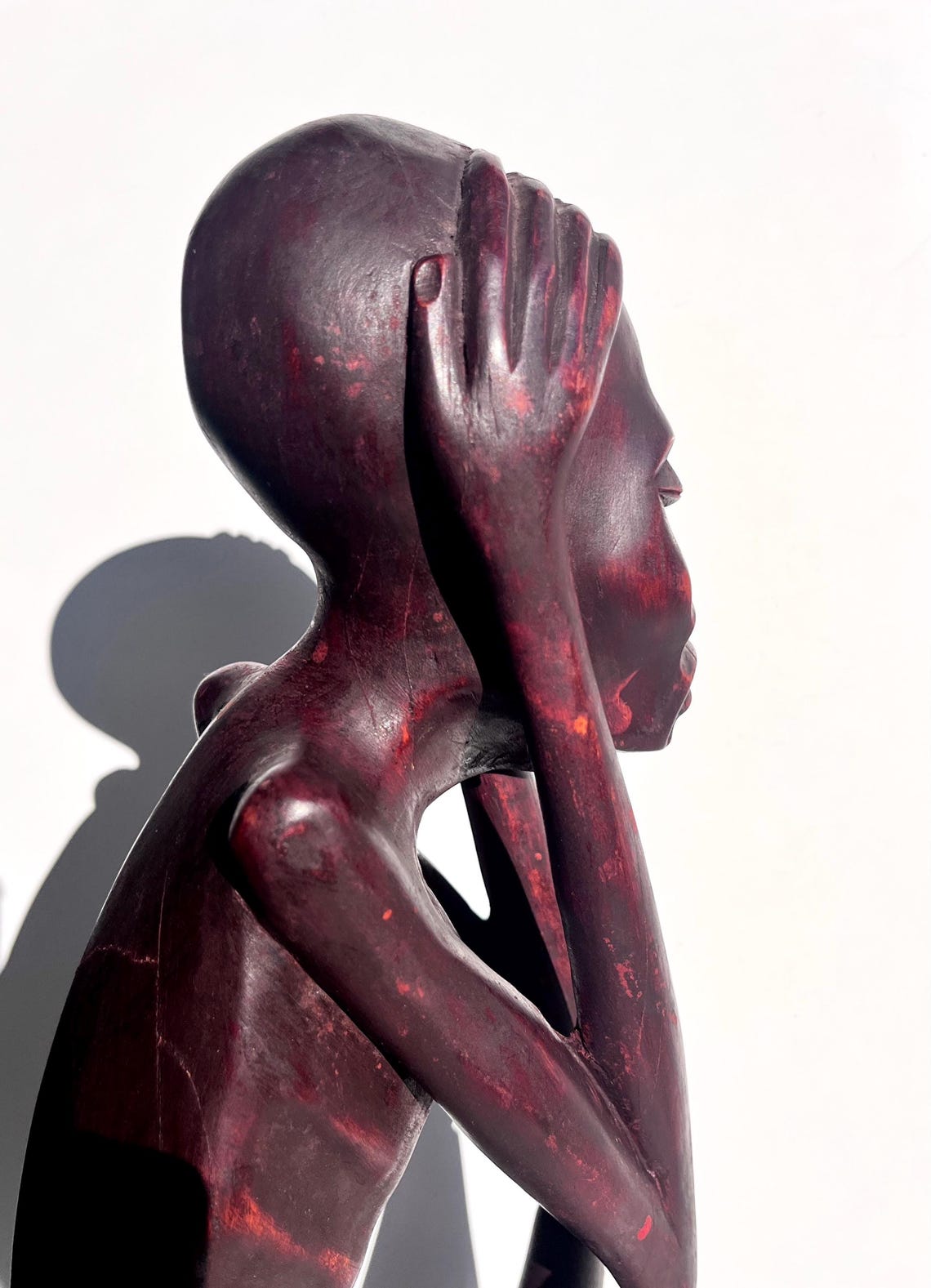 Vintage Large Carved Wooden Sculpture Thinker O Pensador African Tribal ...