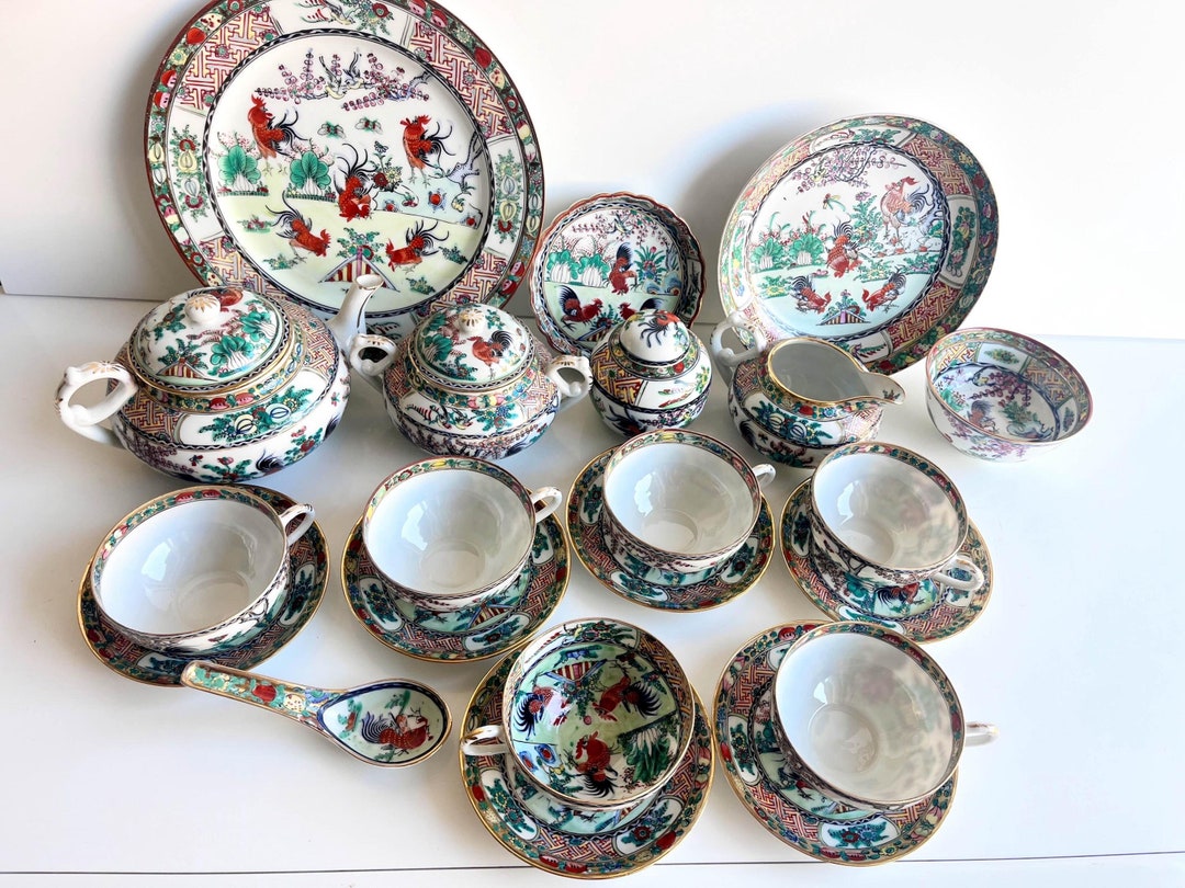 Vintage Chinese Red Rooster Tea Set Hand Painted, Asian Red Rooster ...