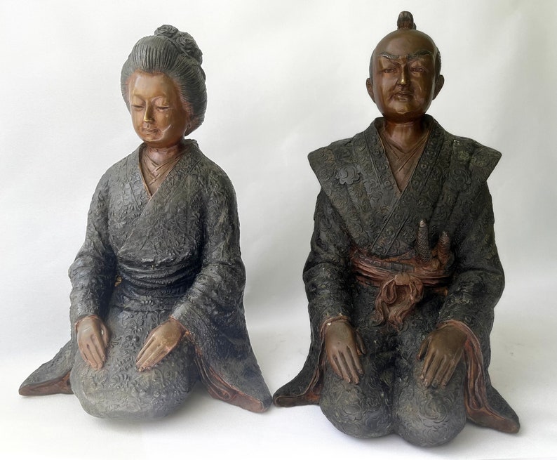 Rare Antique Bronze Statue Set: Shijo Kingo & Nichigen-nyo Samurai ...