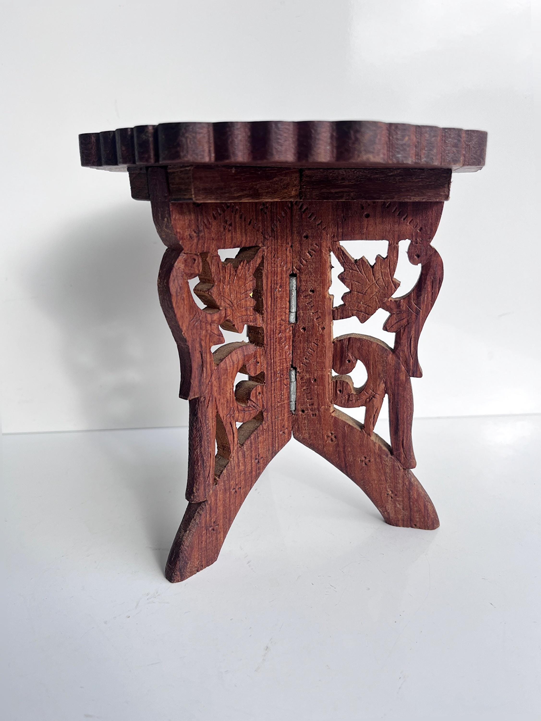 Vintage Carved Wooden Plant Stand, Handmade Wooden Folding Table, Hand ...