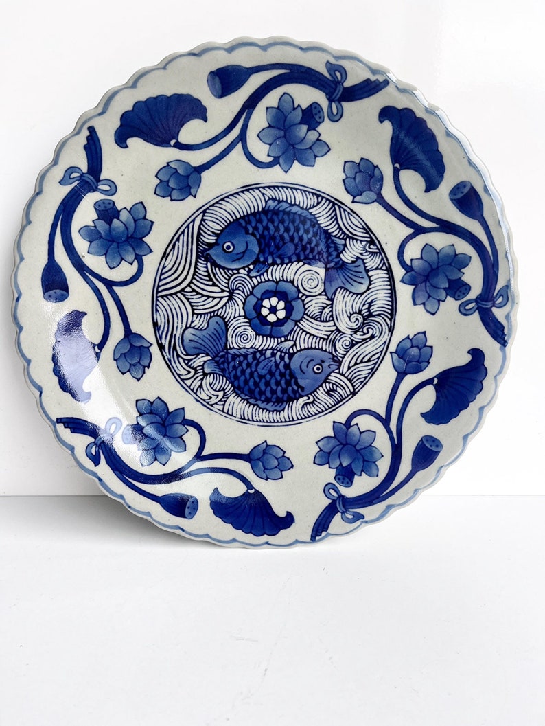 Vintage Ceramic Blue and White Fish Pattern Wall Plate, Home Decoration ...