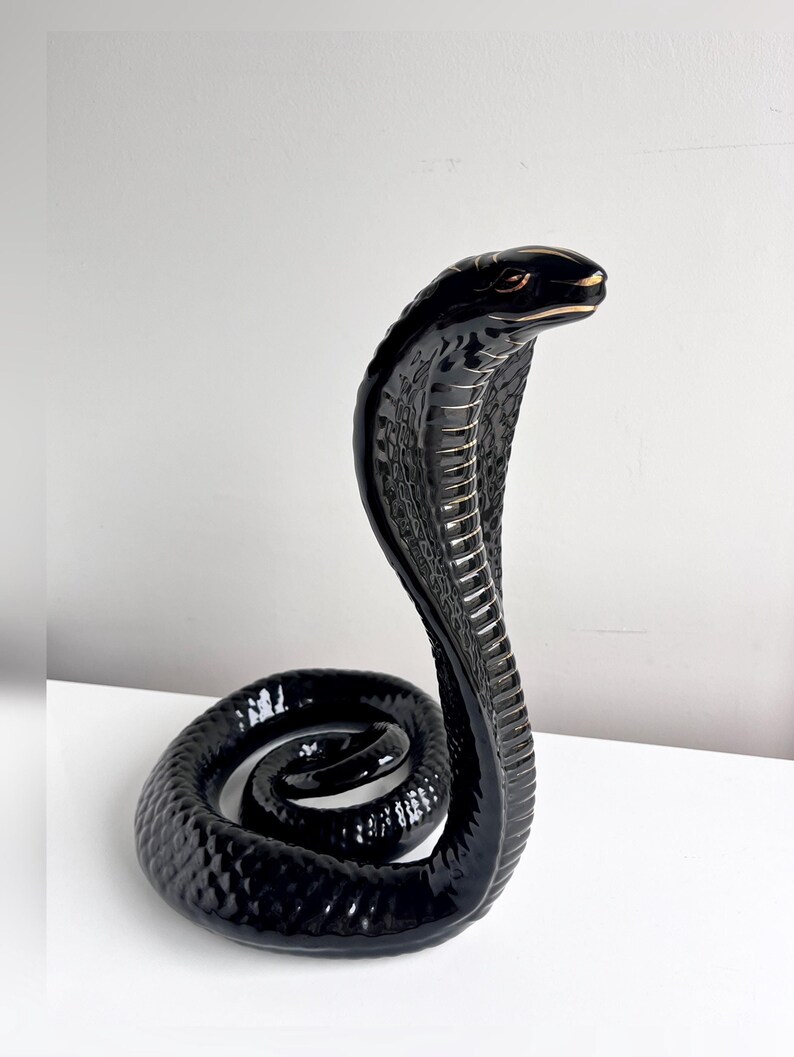 Vintage Italian Ceramic Snake Sculpture Grand Cobra Black and Gold in ...