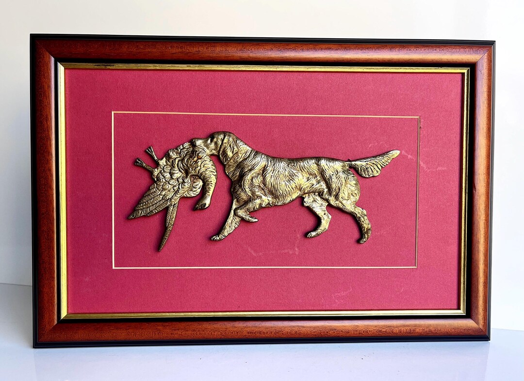 Vintage Brass Hunting Dog With Game Bird, Framed Wall Decor, Rustic ...