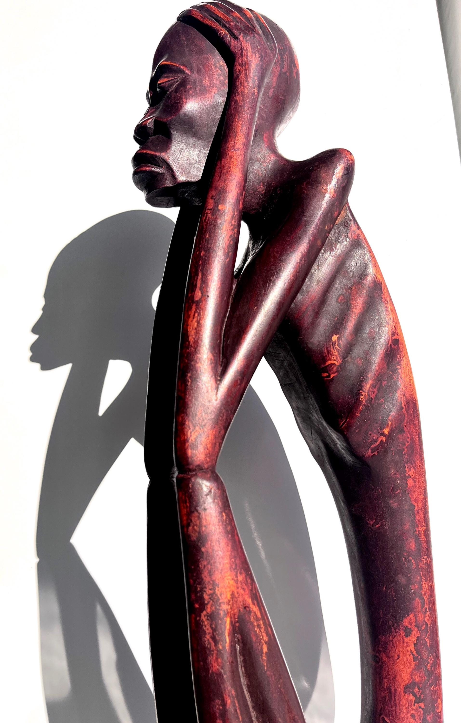 Vintage Large Carved Wooden Sculpture Thinker O Pensador African Tribal ...