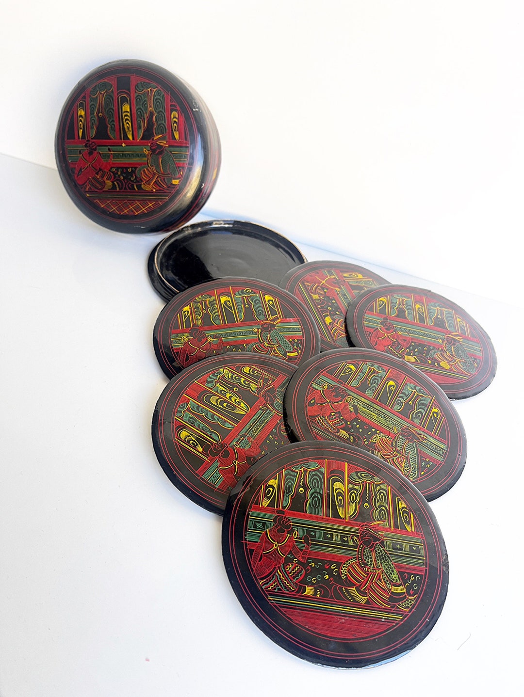 1960s Vintage Black Lacquer Coasters Set of 6 Coasters and Storage Box ...