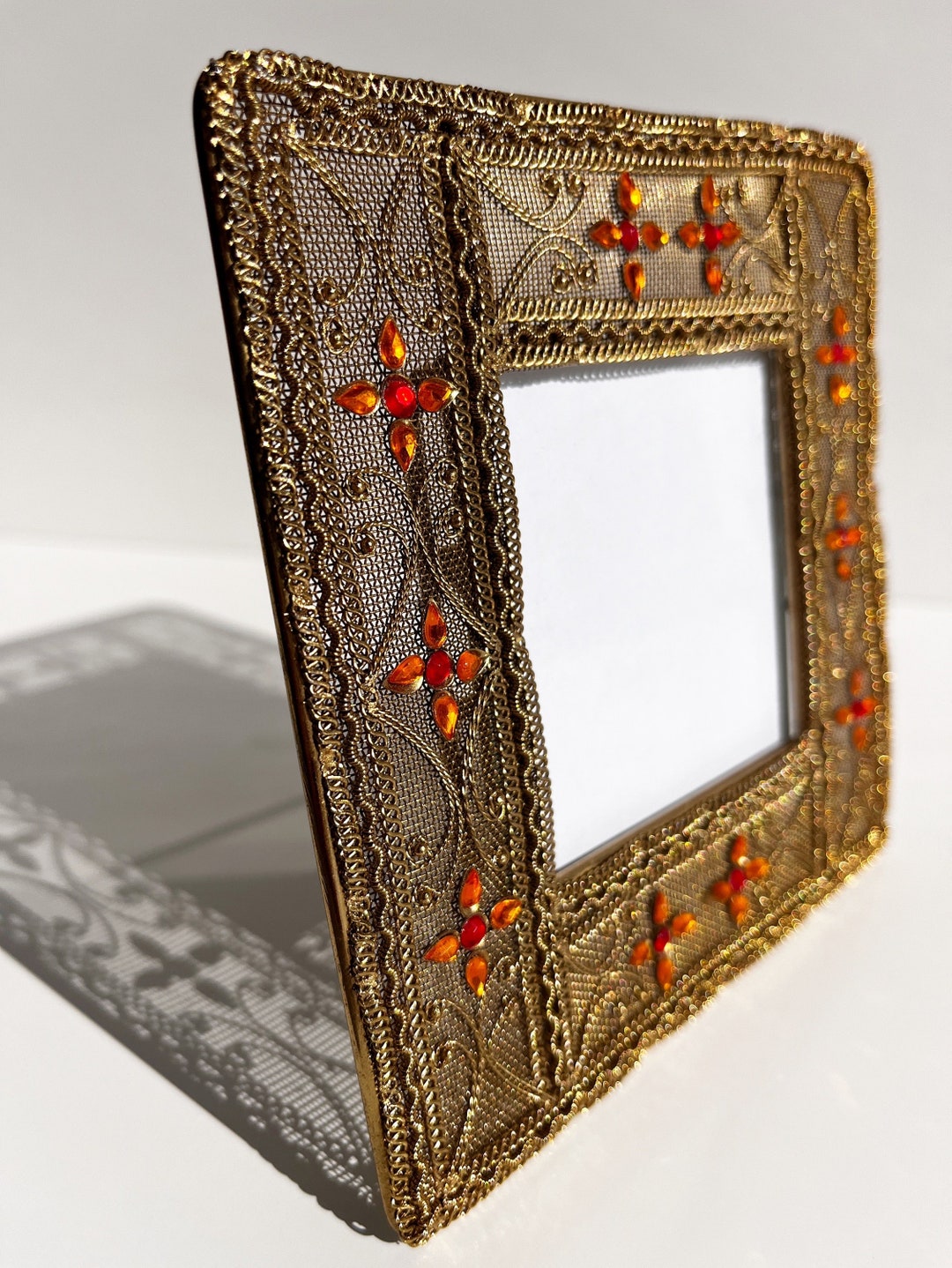 Gold Wire Mesh Photo Frame With Crystals, Hollywood Regency Style. Rare ...