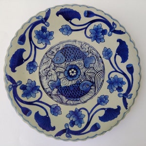 Vintage Ceramic Blue and White Fish Pattern Wall Plate, Home Decoration ...