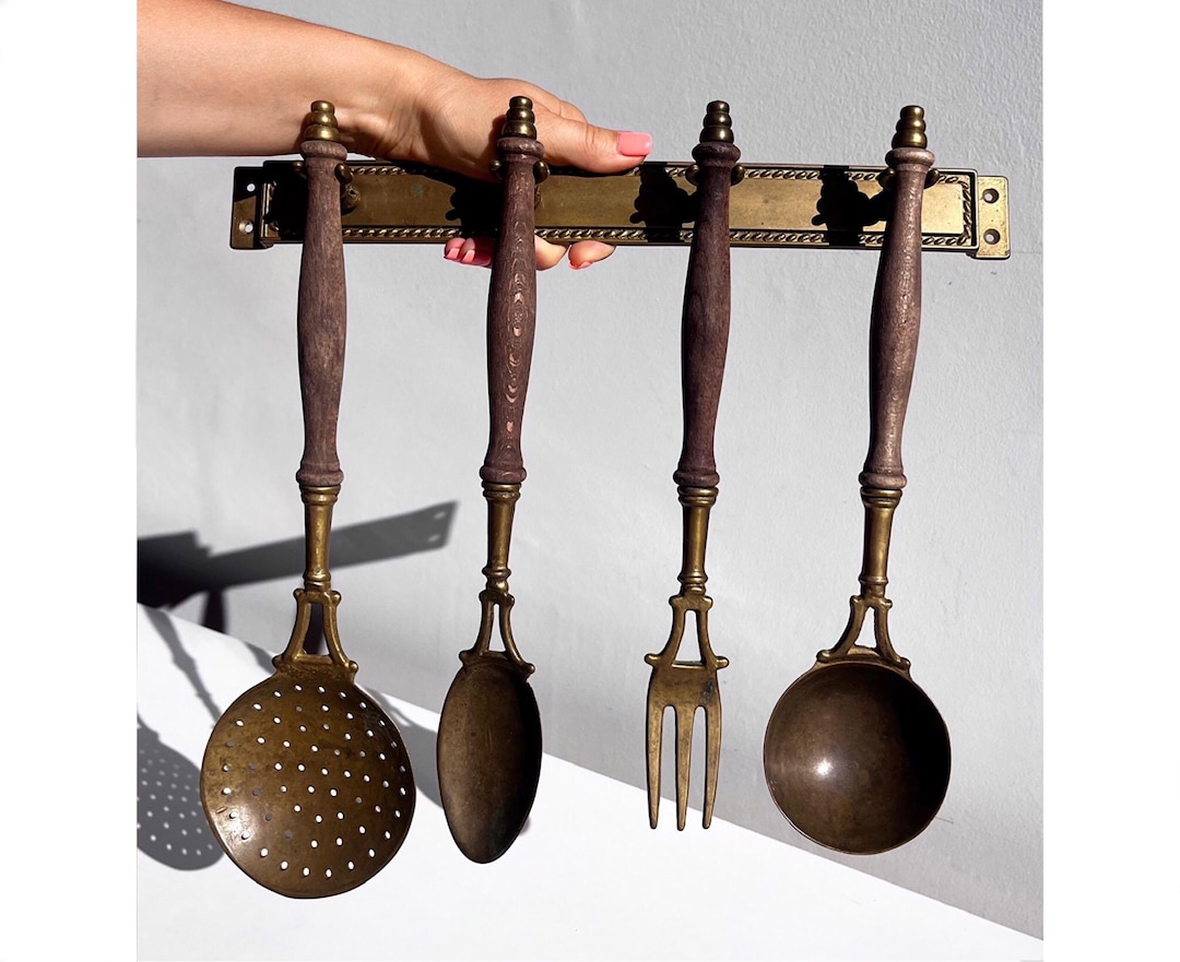 Vintage European Brass and Wood Kitchen Utensil Set, 4-piece Wall Decor ...