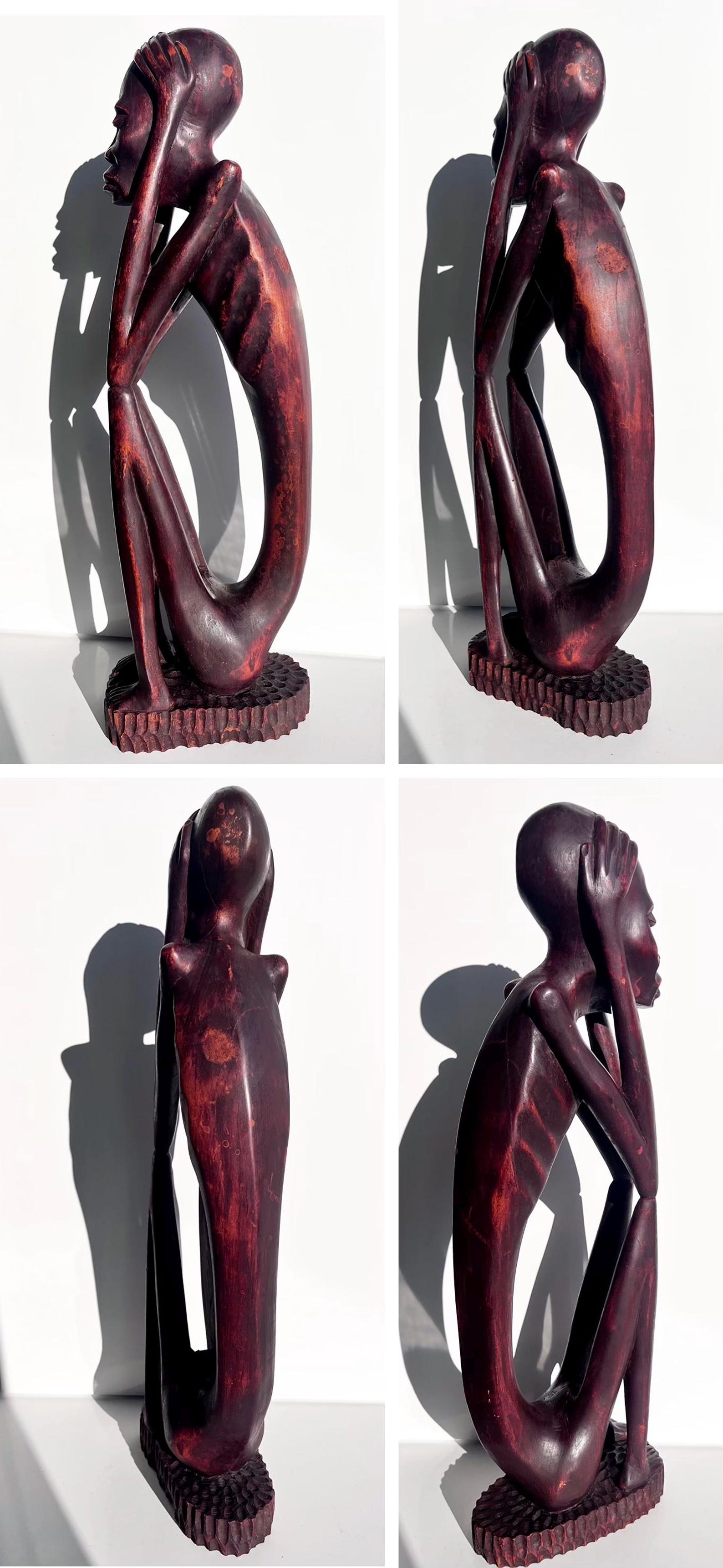 Vintage Large Carved Wooden Sculpture Thinker O Pensador African Tribal ...