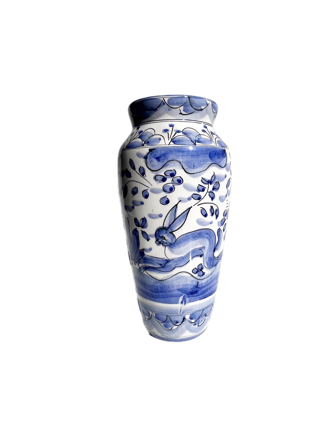 Vintage Covacich Portugal Vase, Hand Painted Blue White Ceramic, Bird ...
