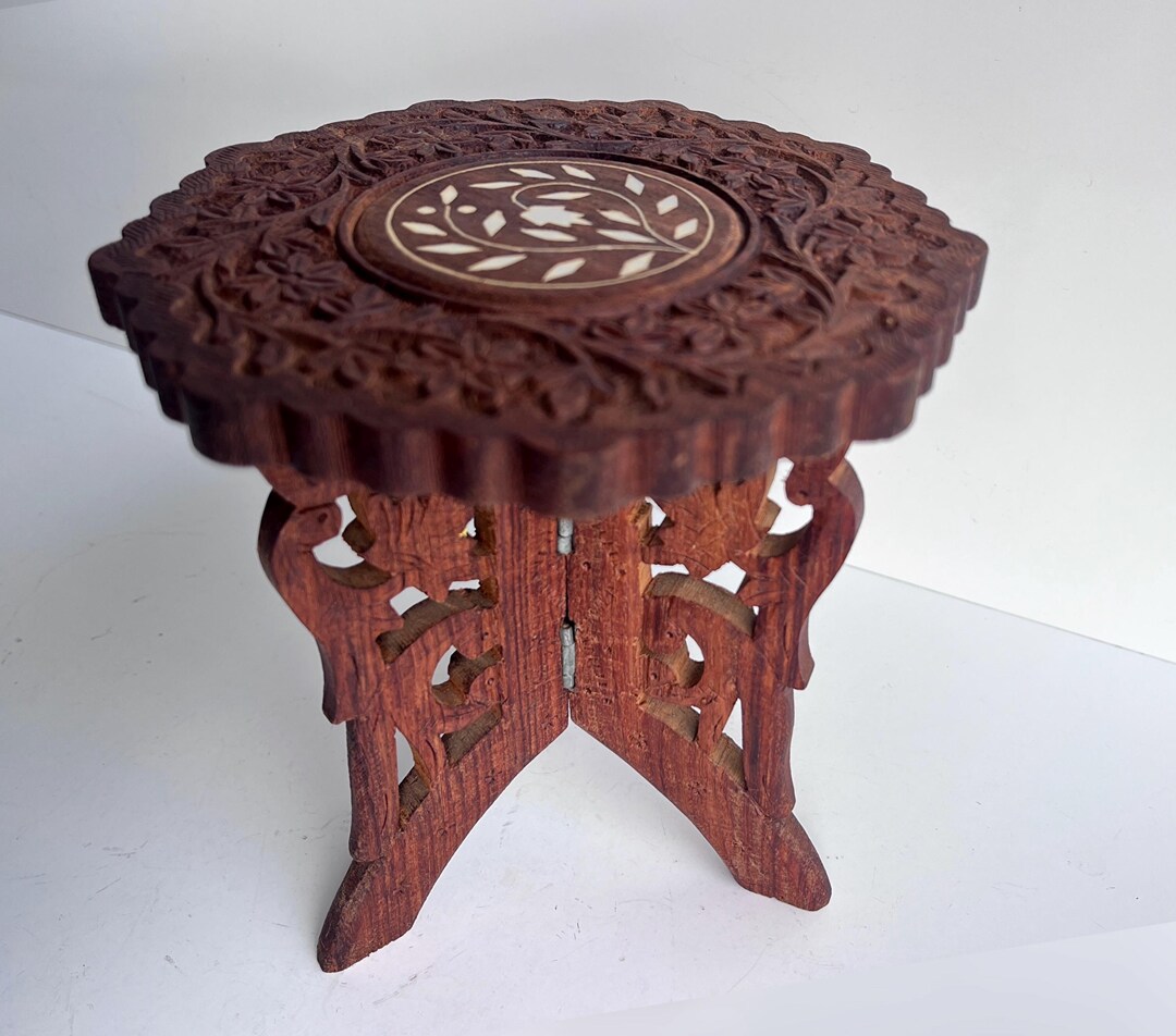 Vintage Carved Wooden Plant Stand, Handmade Wooden Folding Table, Hand ...