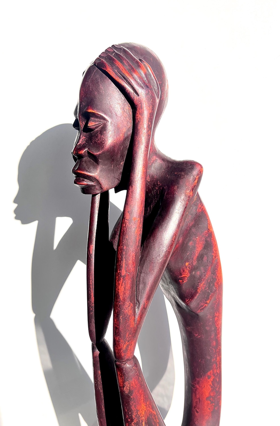 Vintage Large Carved Wooden Sculpture Thinker O Pensador African Tribal ...