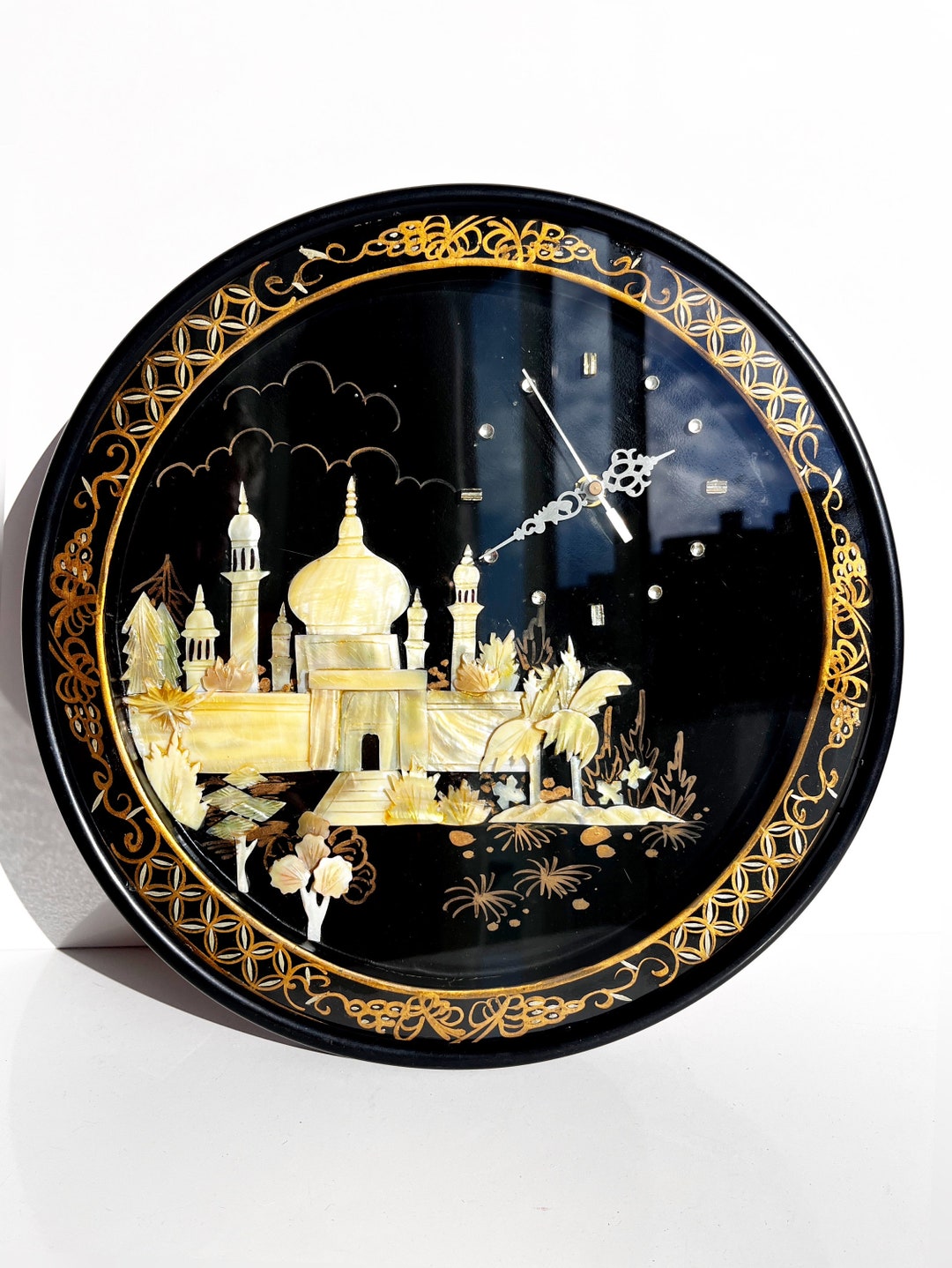Vintage Wall Clock “mosque” is Inlaid With Mother-of-pearl. Decor 1970s ...