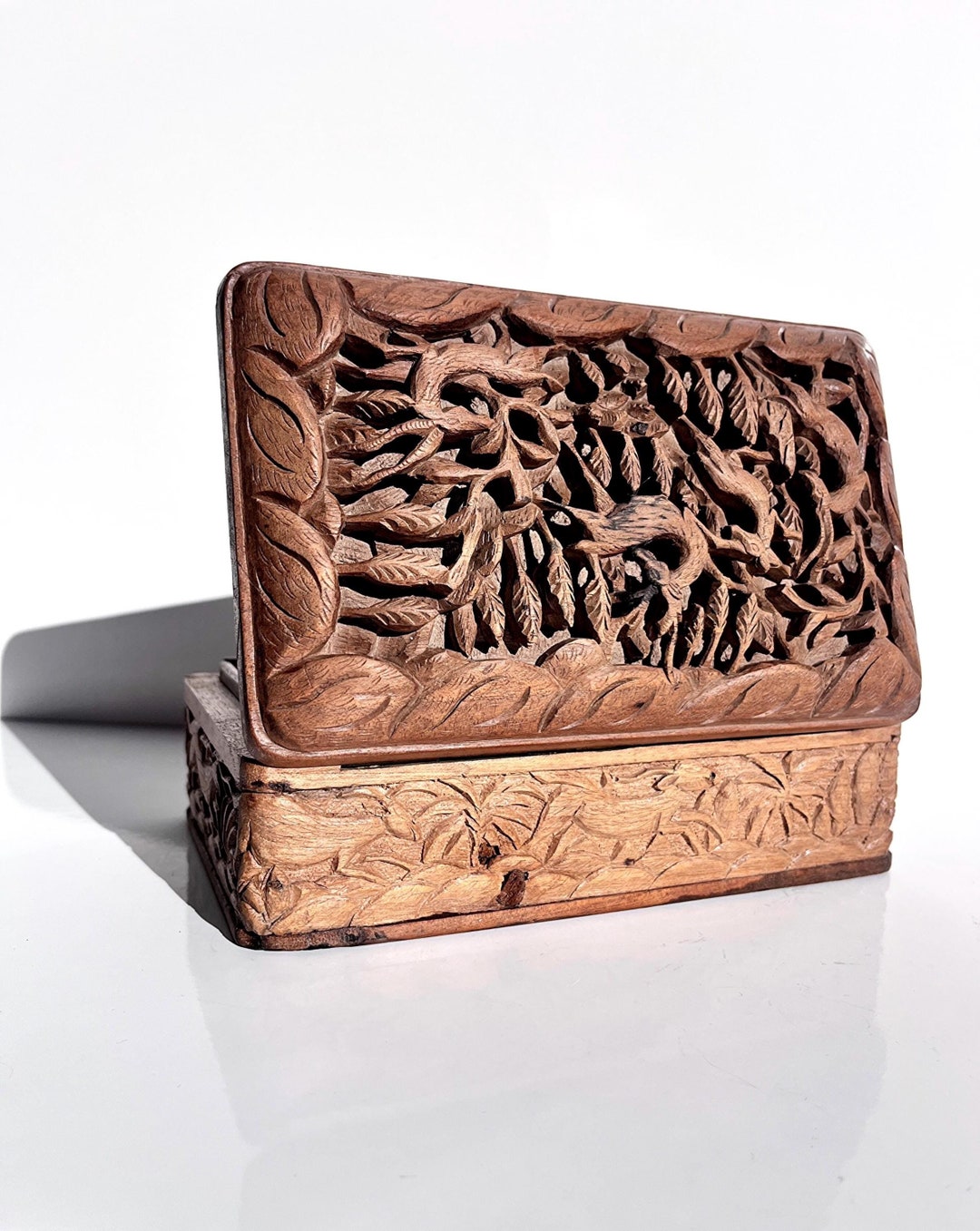 Vintage Chinese Carved Wooden Jewelry Box. Handmade Solid Wood Chinese ...