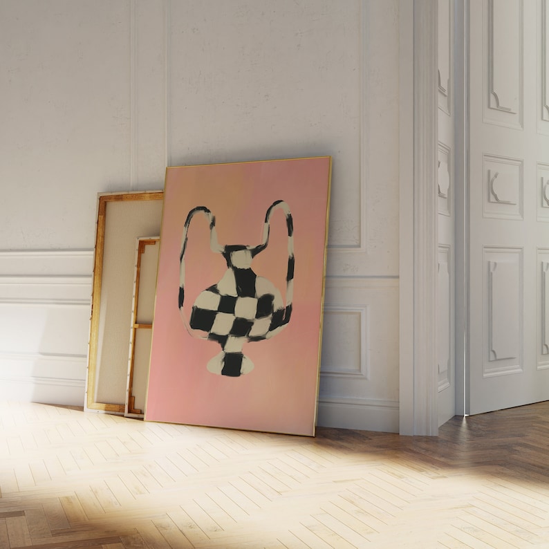 Abstract Vase Art, Pink Vase Art Print, Mid Century Art, Check Vase ...