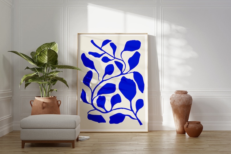 Blue Leaf Print, Bright Blue Wall Print, Printable Poster, Botanical ...