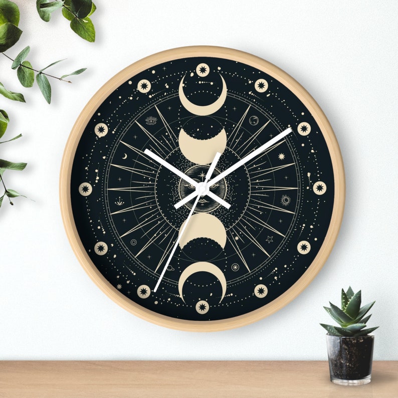 Wall Clock Black & Beige Phases of the Moon Fall Decor Boho Eclectic ...
