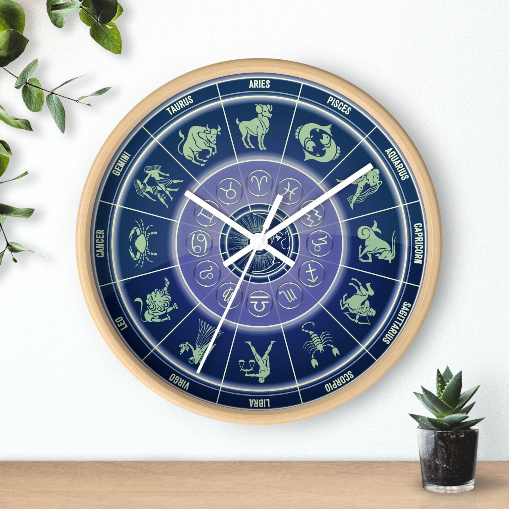 Wall Clock - Blue Teal Astrology Clock With Zodiac Signs, Sun & Moon - Etsy