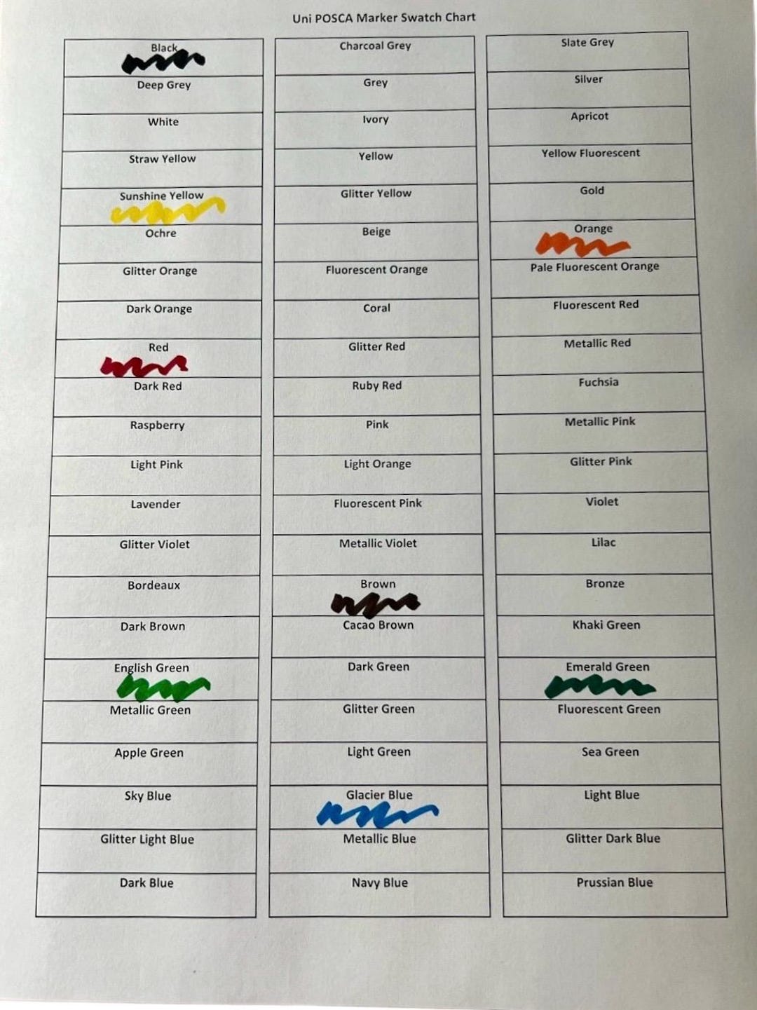 Uni POSCA Marker Swatch Chart, Printable Marker Chart, Marker Color ...