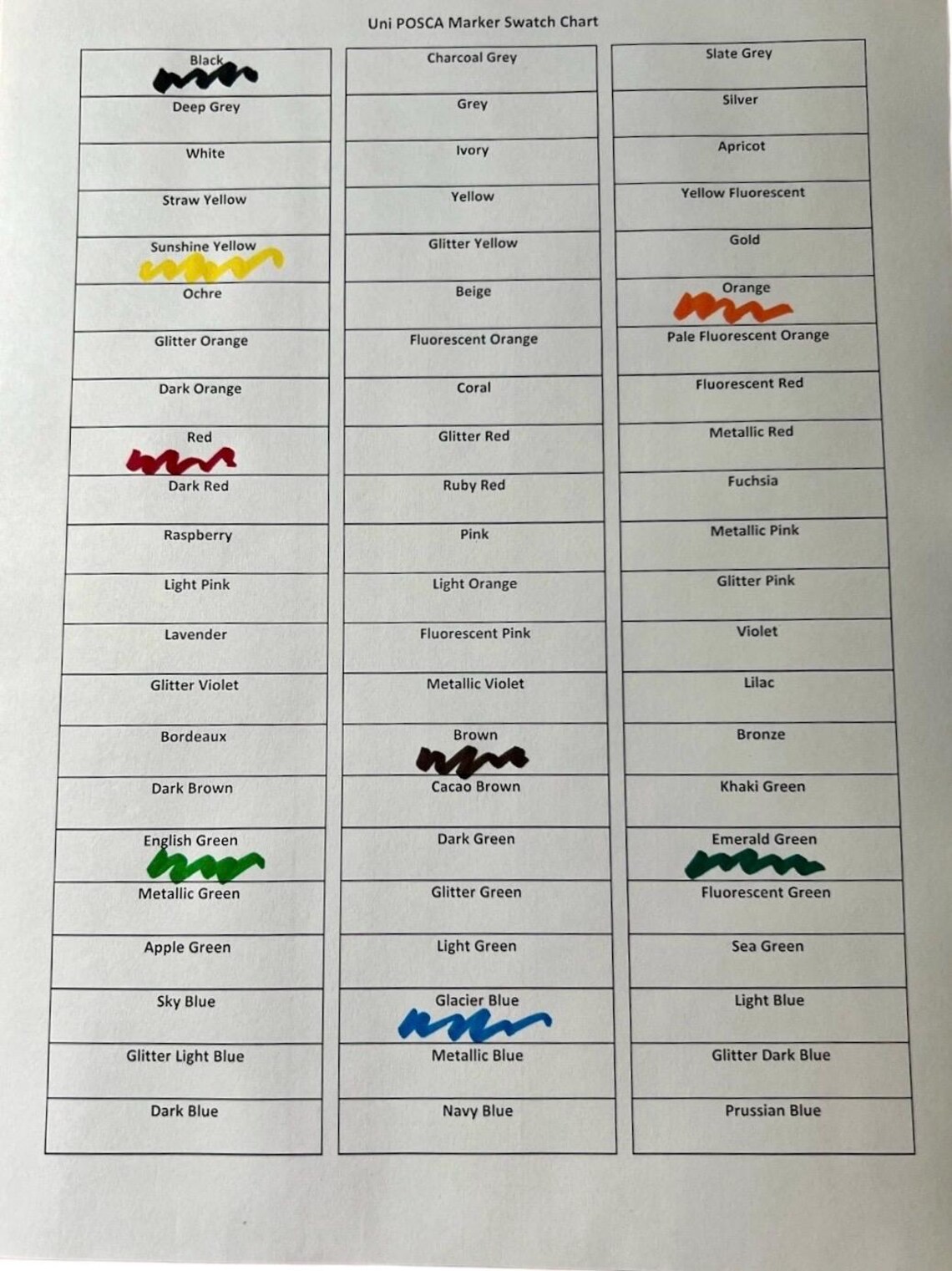 Uni POSCA Marker Swatch Chart, Printable Marker Chart, Marker Color ...