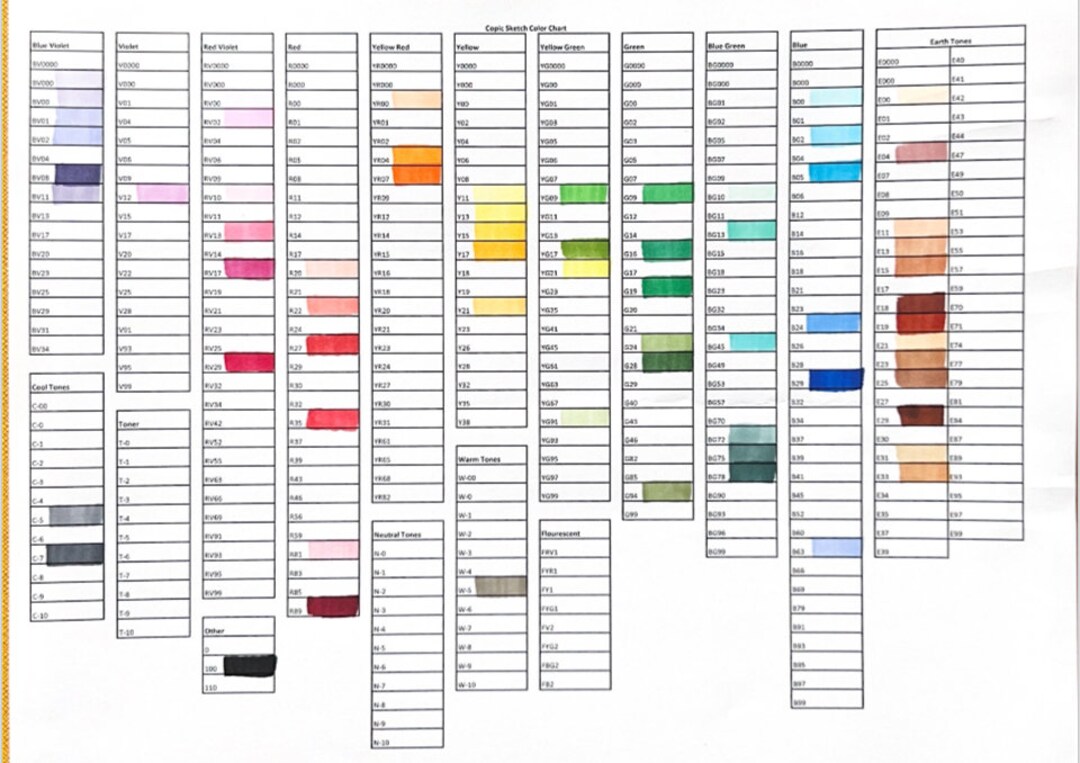 Copic Marker Swatch Chart, Printable Marker Chart, Marker Color Chart ...