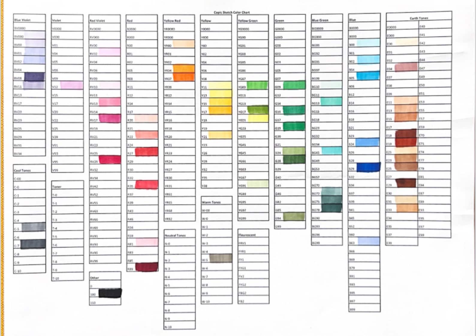 Copic Sketch Marker Swatch Chart: Printable Color Organizer (digital 8 ...