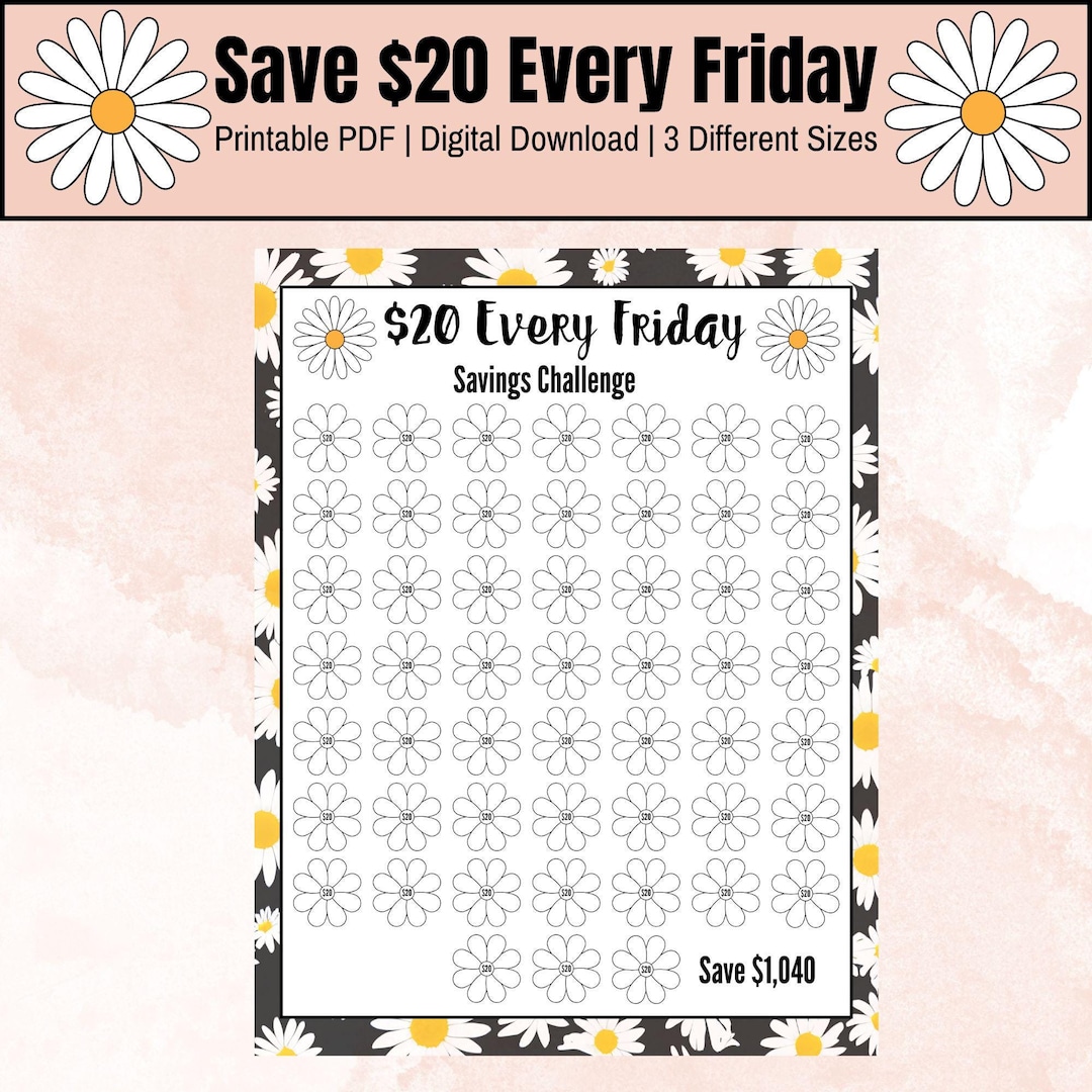 Friday Savings Challenge, Save 20 Dollars Every Friday, Monthly Savings Challenge, Monthly ...