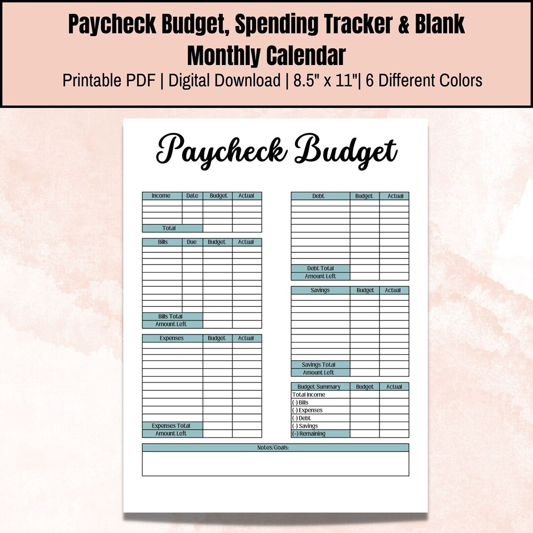 Paycheck Budget Printable, Biweekly or Monthly Paycheck Planner, Income ...