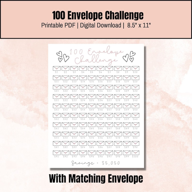 Heart 100 Envelope Challenge Printable, 100 Envelope Tracker, Save 5050 ...