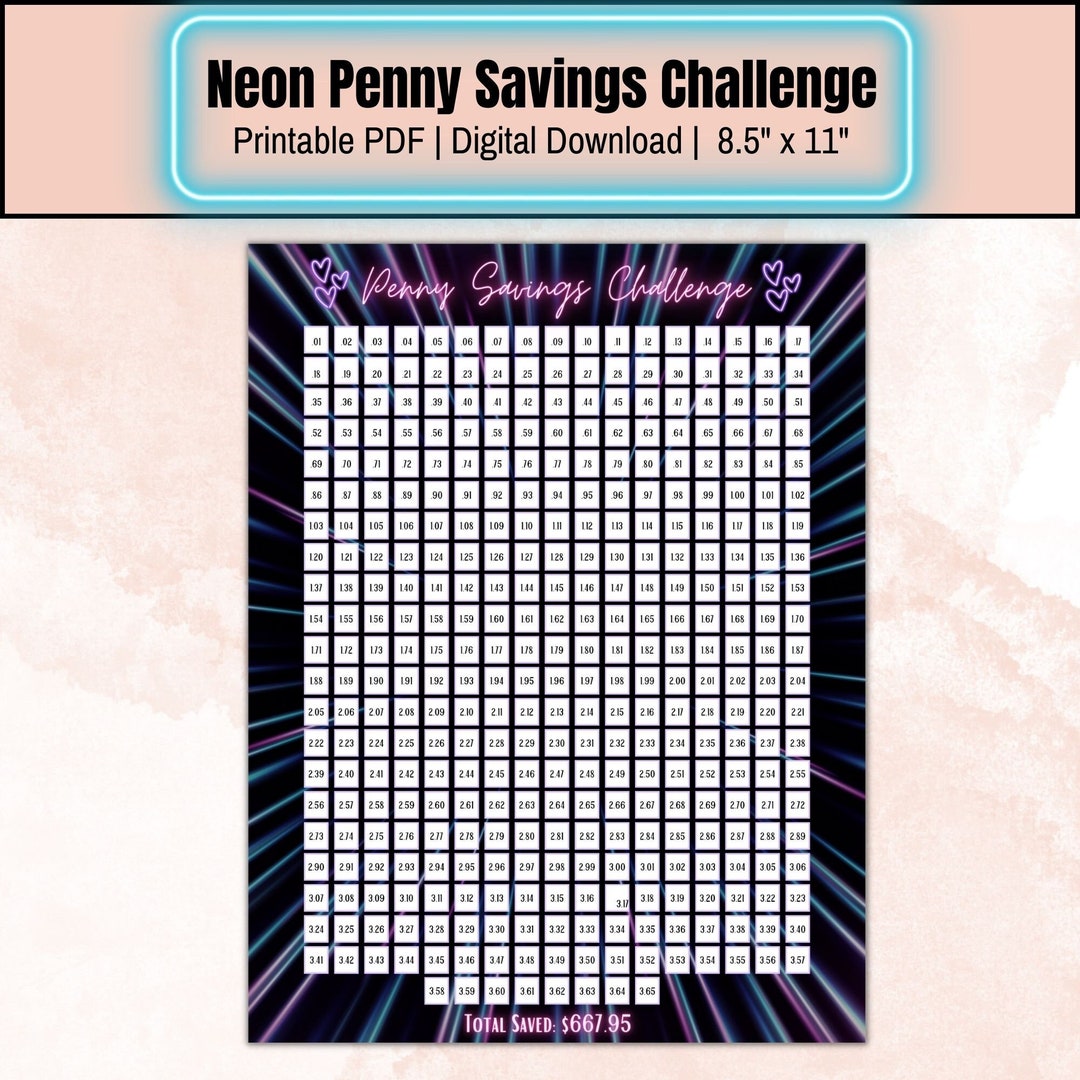 Neon Penny Savings Challenge Printable, 1p Saving Challenge, Savings ...