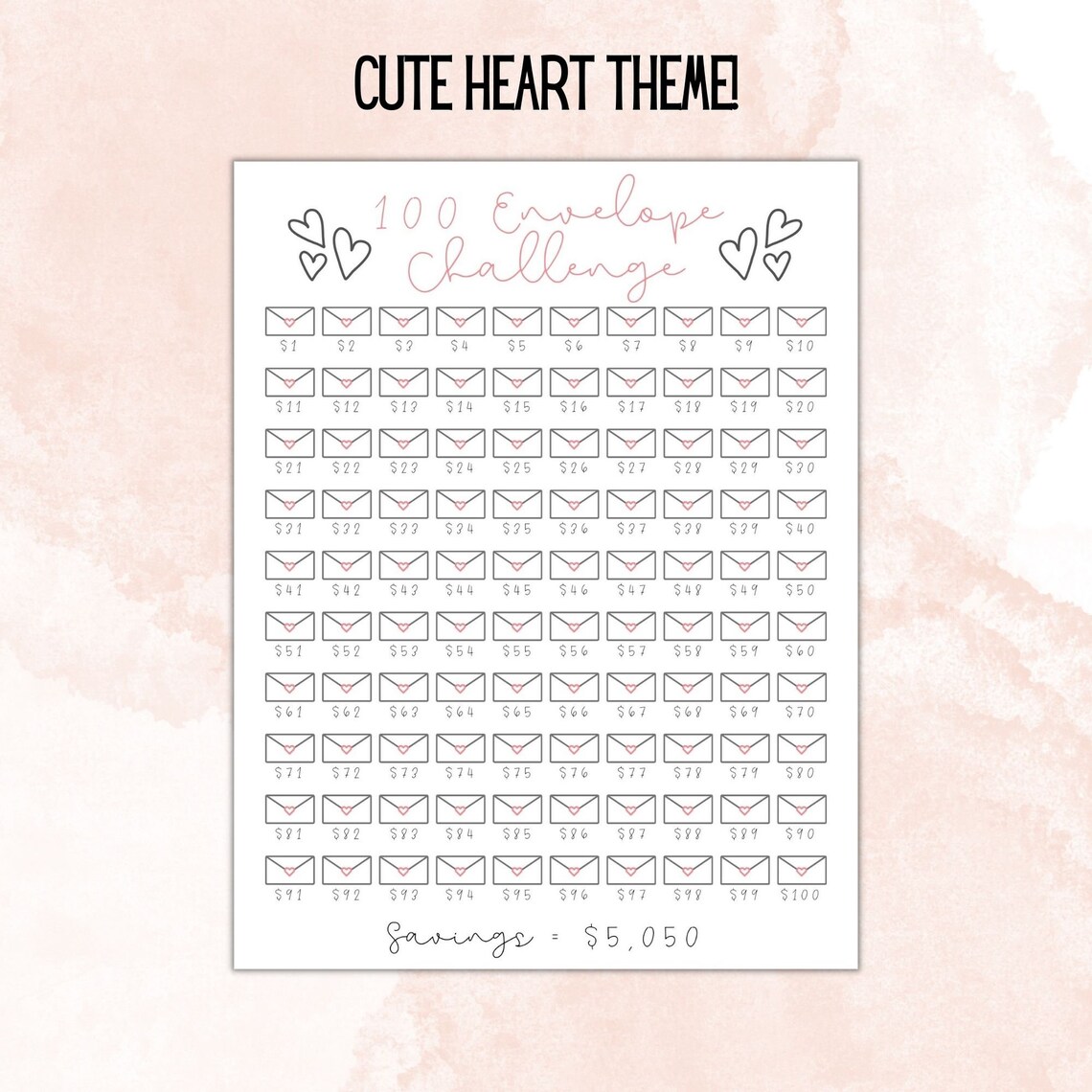 Heart 100 Envelope Challenge Printable, 100 Envelope Tracker, Save 5050 ...