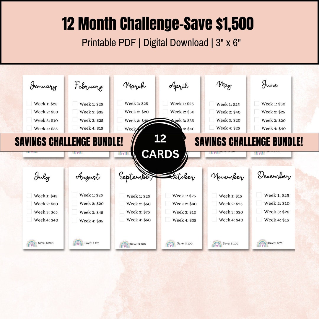 Minimalist Monthly Savings Challenge , Savings Challenge Printable, 12 ...
