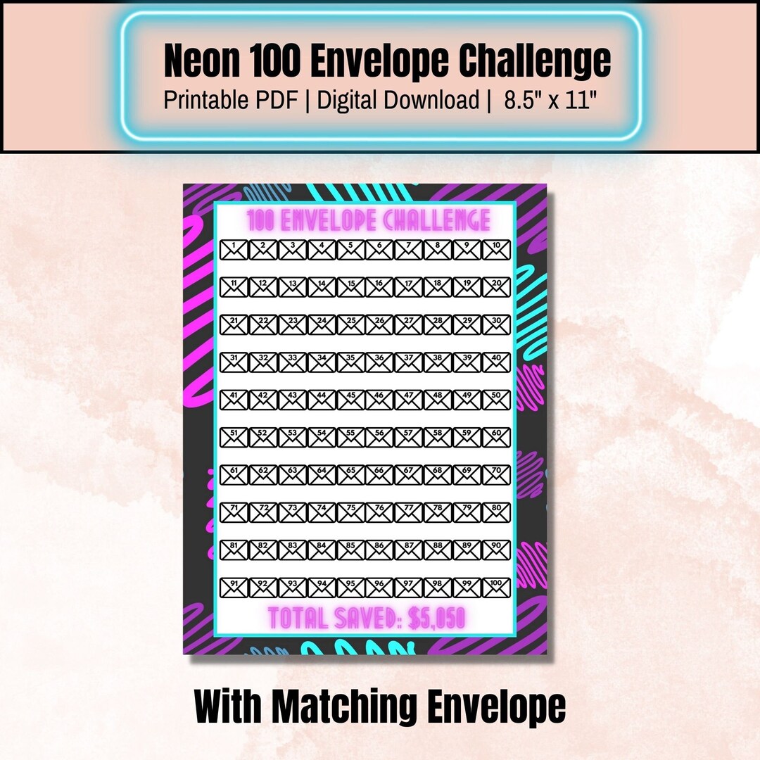 Neon 100 Envelope Challenge Printable, Saving Challenges, 1000 Envelope ...