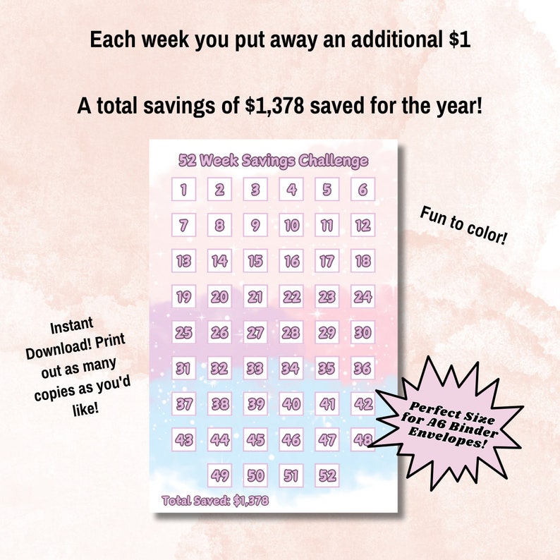 52 Week Savings Challenge Printable, 52 Weeks Money Saving Challenge ...