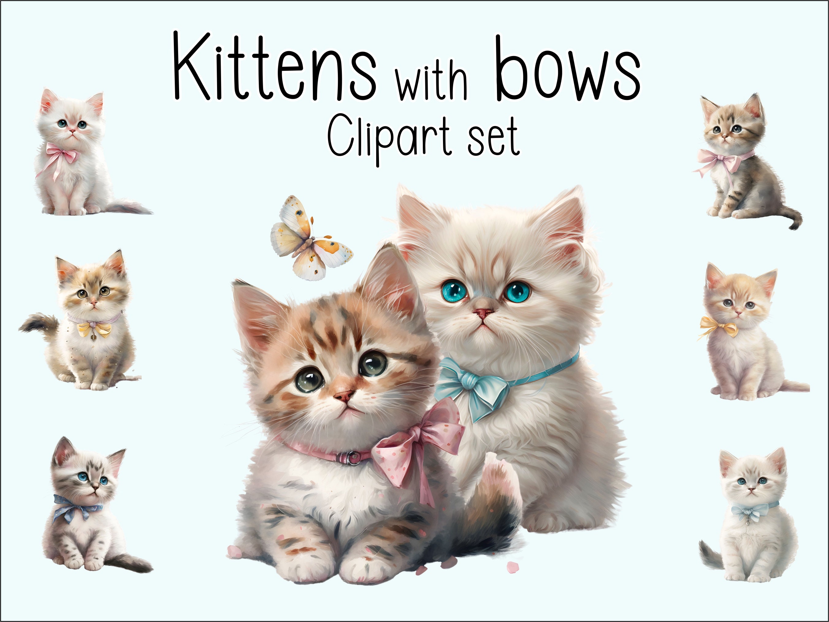 Kittens Clipart Digital Watercolor Kittens With Bows Clip Art Digital ...