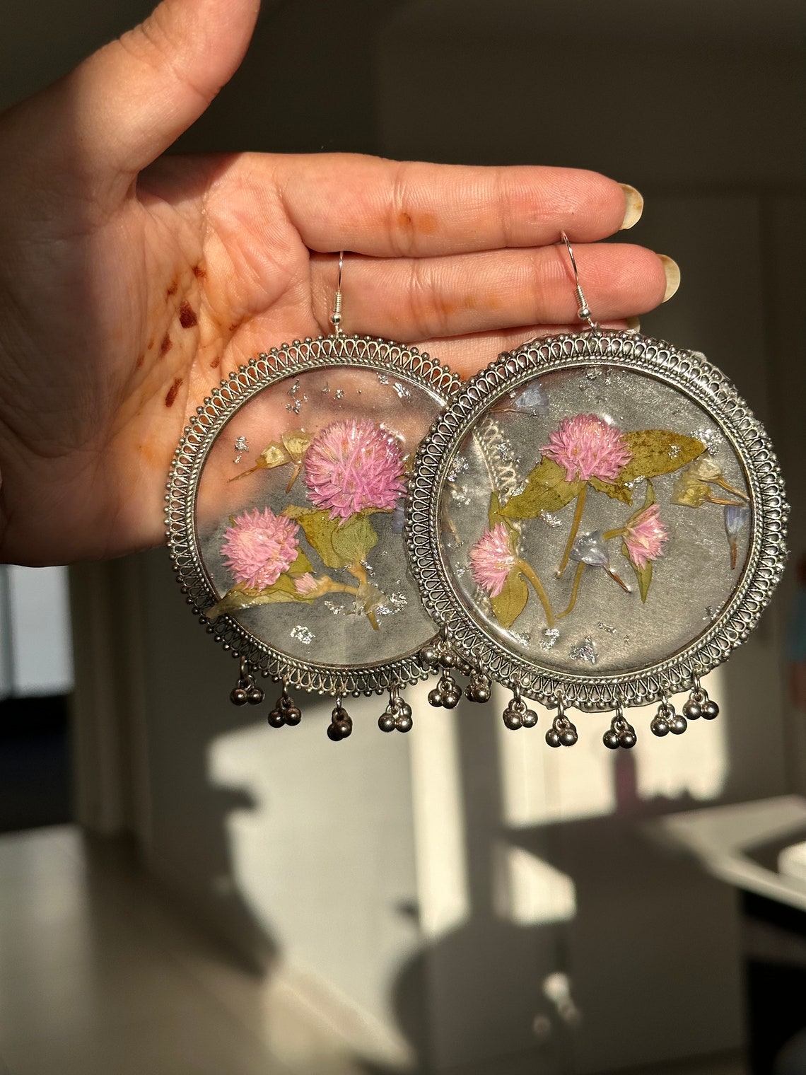 Big Statement Jhumkay Earrings, Floral Resin Jhumkay, Silver Jhumki ...