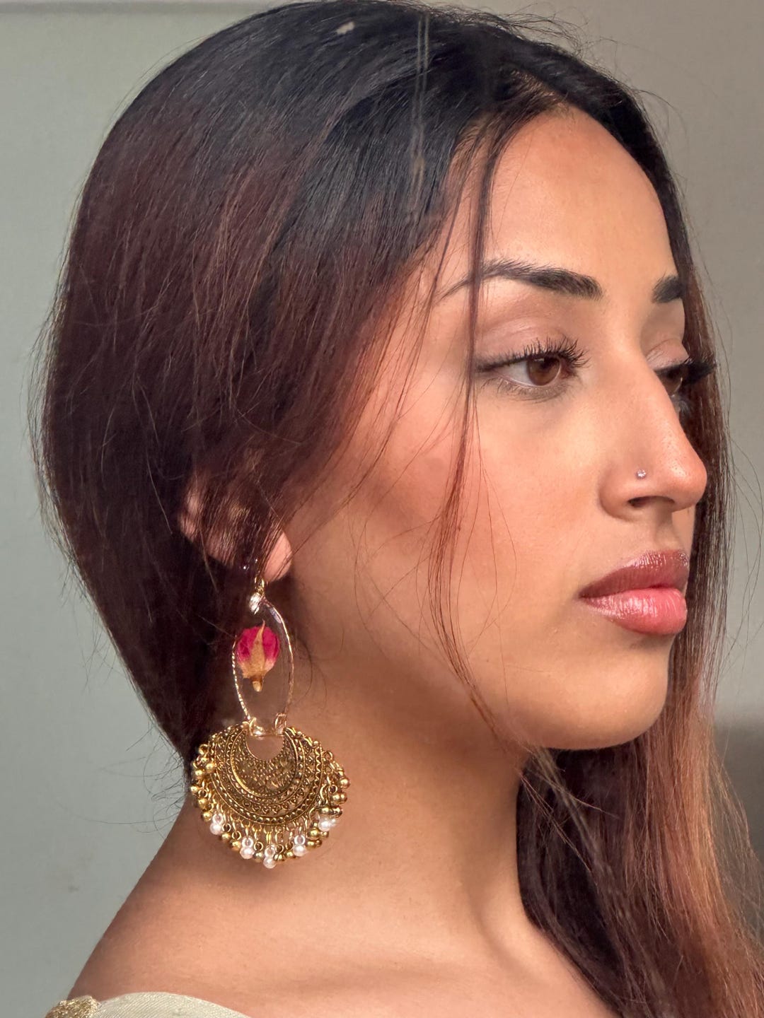 Handmade Real Rose Resin Jhumkay, Floral Earrings, Gold Statement ...