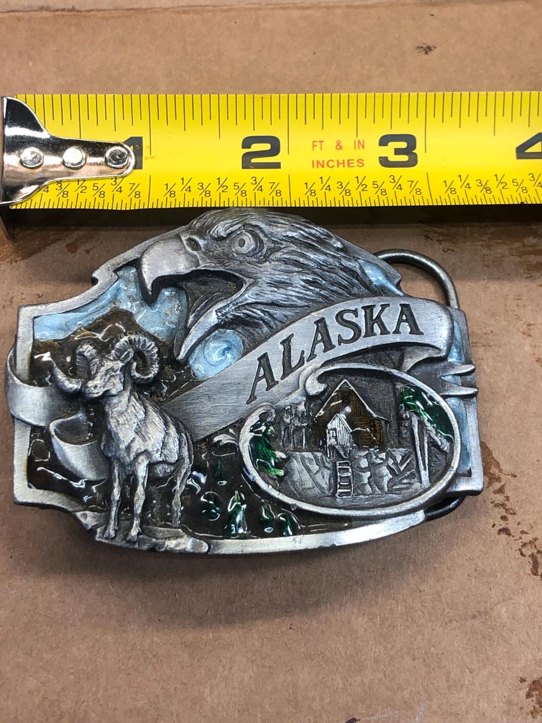 Belt Buckle Alaska Scene of Eagle ,big Horn Sheep and Miners Cabin ...