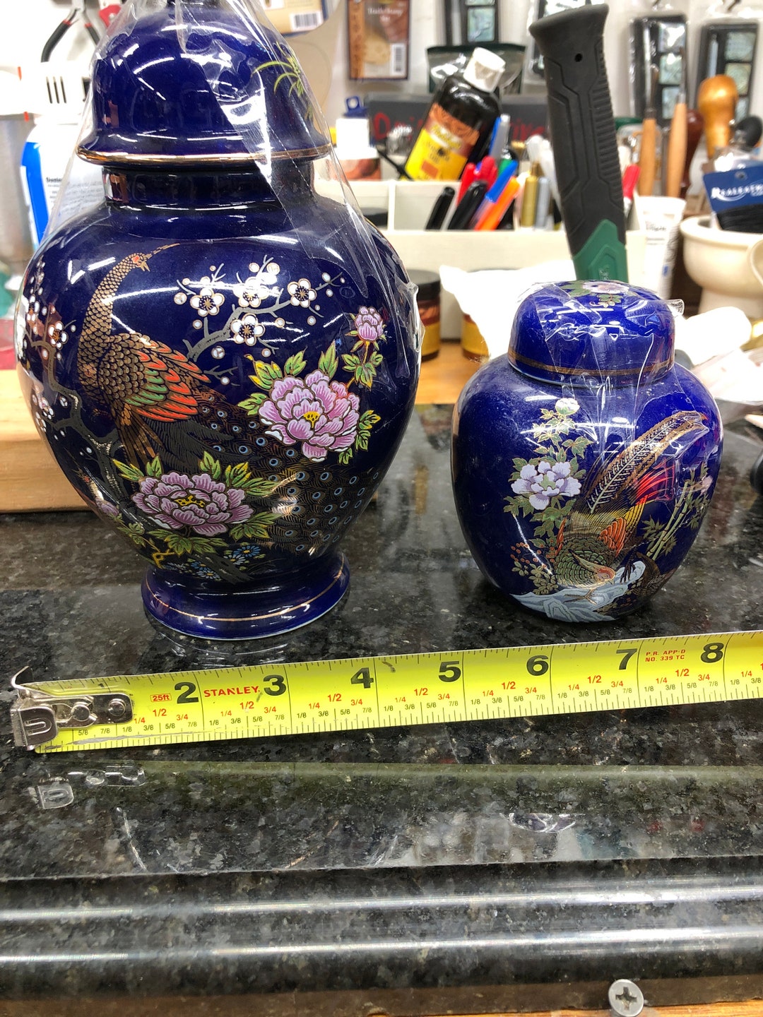 Cobalt Blue Ginger Jars Made in Taiwan Large One With Peacock on It ...