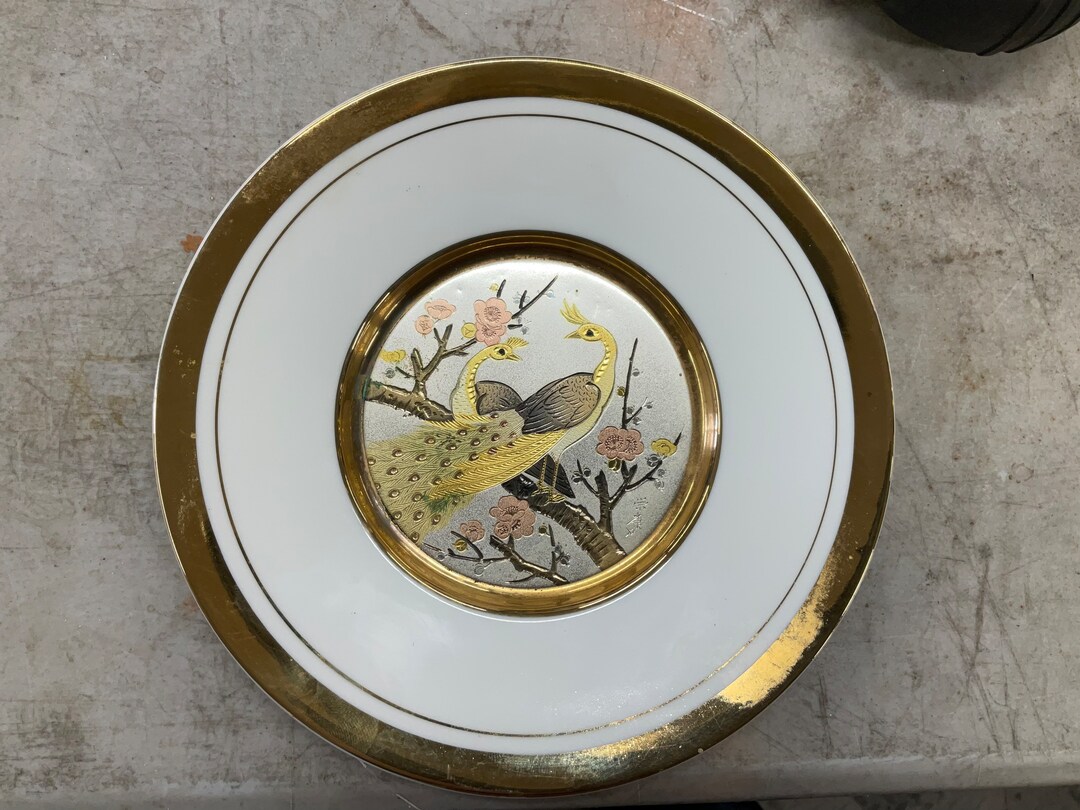 Chokin Plate Art 8 Inch Plate Japanese Art.also 1 Black Peacock Vase 6 ...