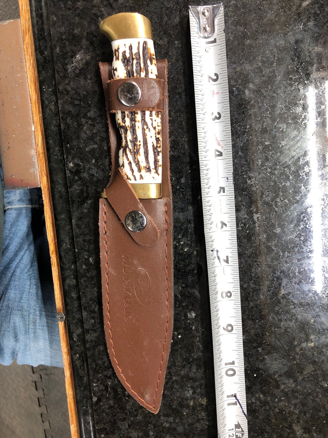 Knife With Leather Sheath Mossy Oak on Blade and Sheath Brass End Caps ...