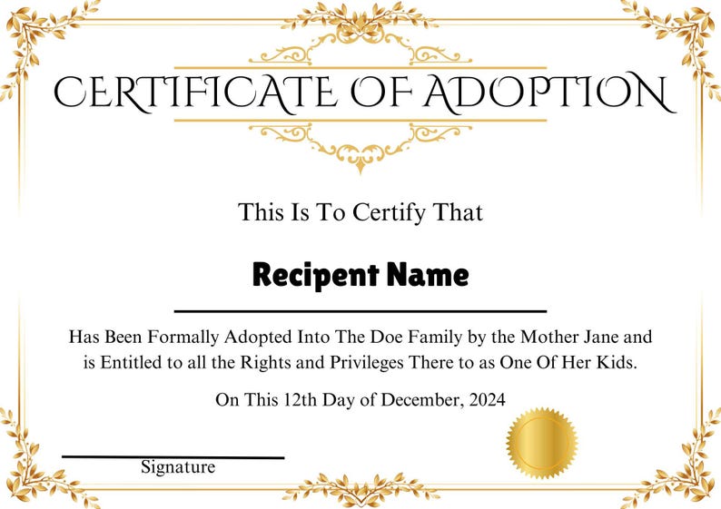 Editable Adoption Certificate Template, Certificate of Adoption to Our ...