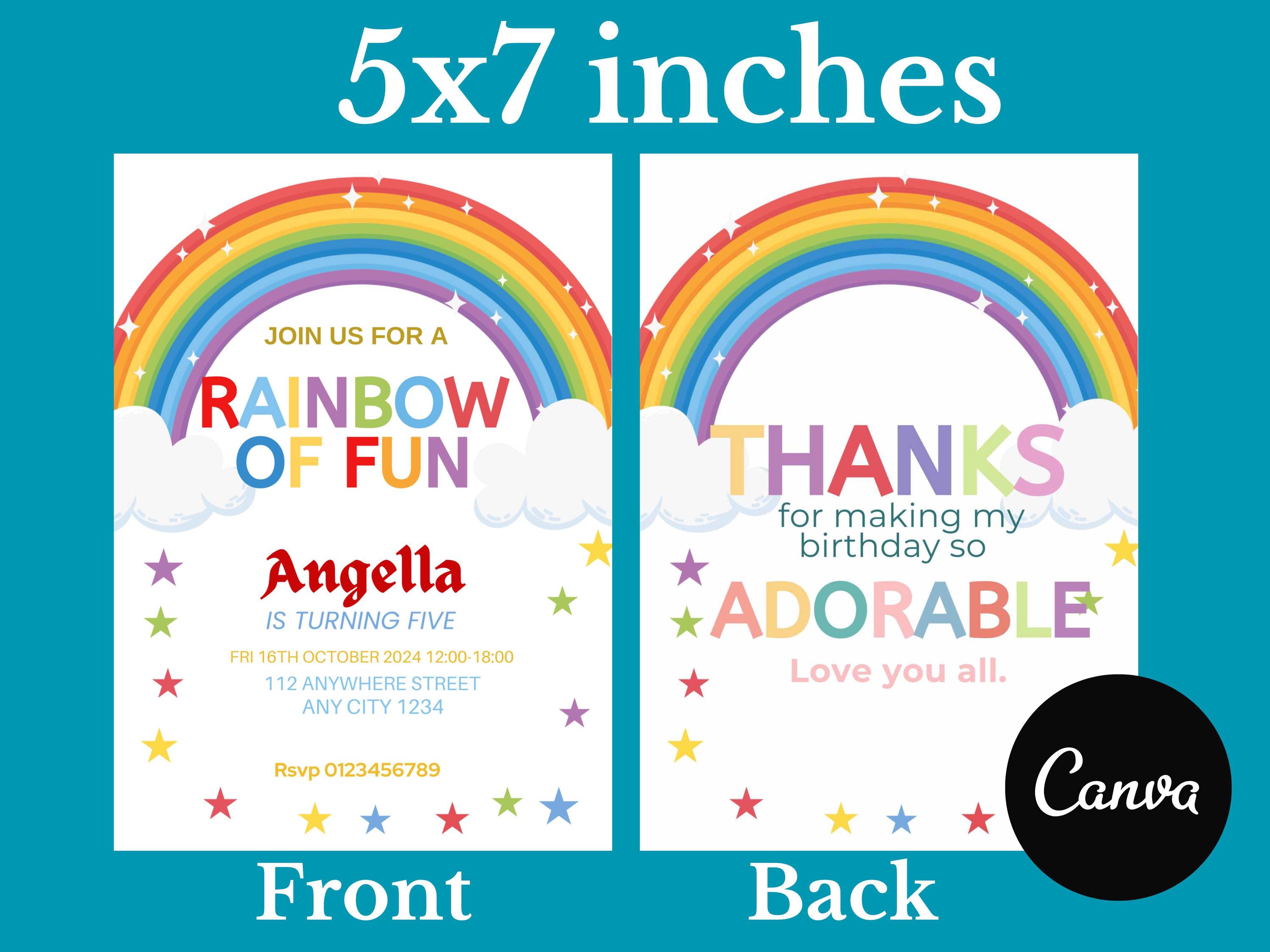 Rainbow Birthday Invitation - Editable Magical Girl Party, Canva ...