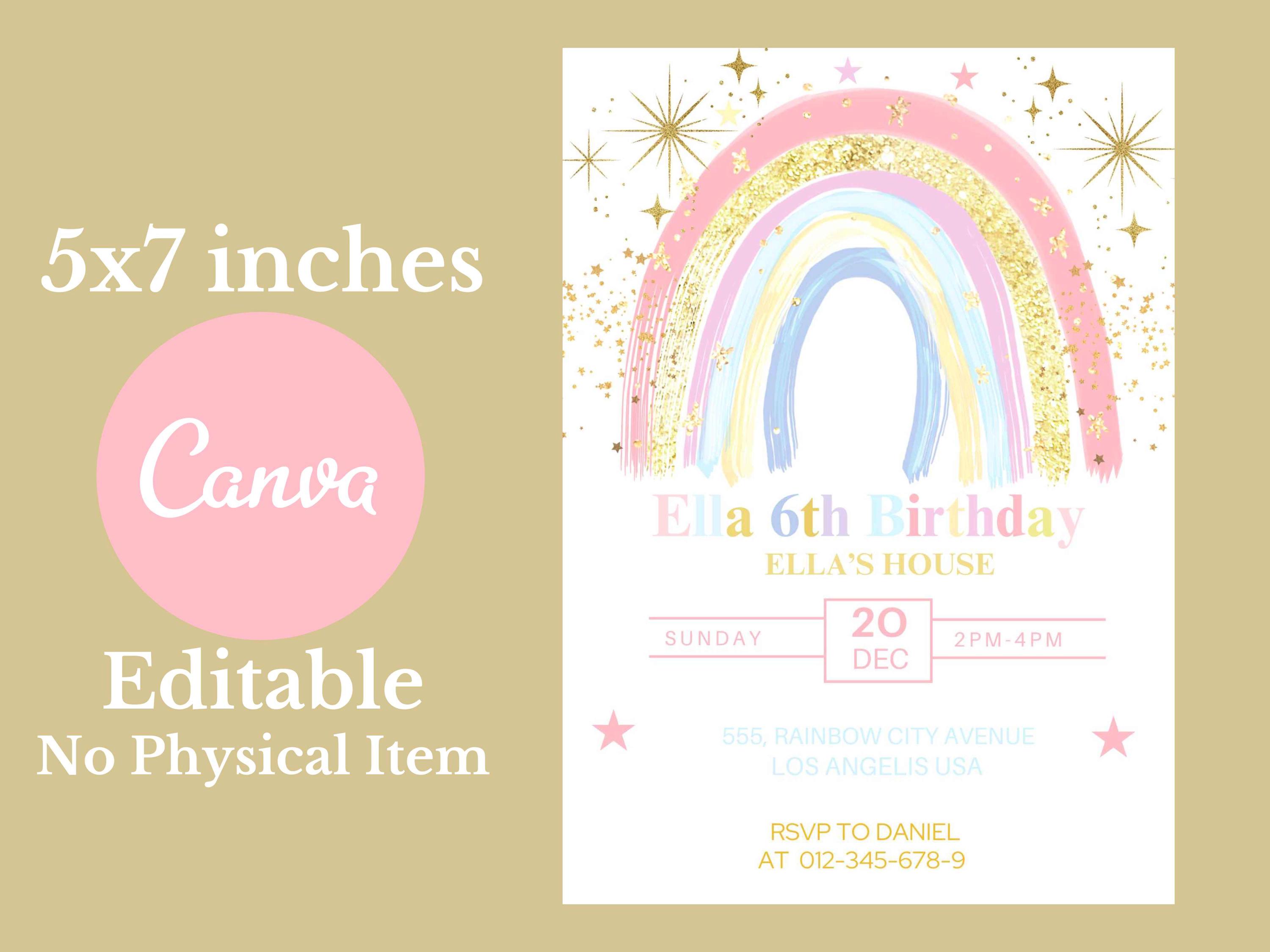 Editable Rainbow Birthday Invitation Cute Rainbow Glitter Sparkle Stars ...