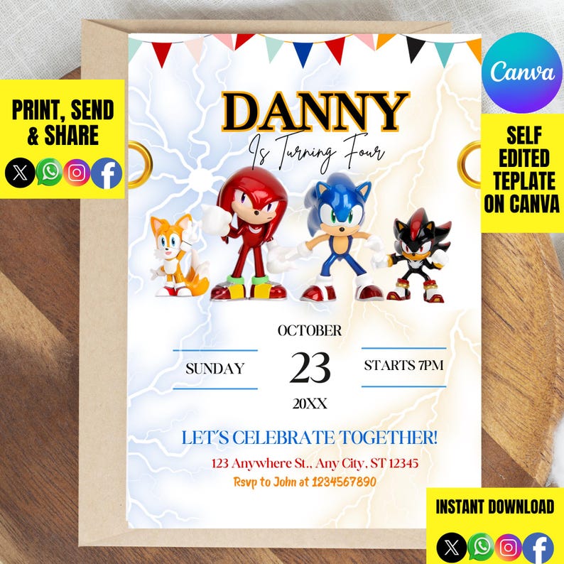 Sonic the Hedgehog Birthday Digital Invitation,printable Birthday ...